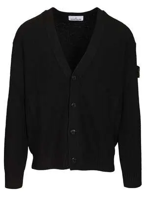 Stone Island V-neck Cardigan With Logo Badge - Black