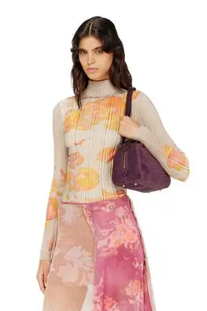 DIESEL® Ribbed Wool Turtleneck Top With Floral Print - Multicolor