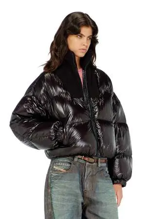DIESEL® Down Puffer Jacket In Ripstop With Knitted Collar - Black