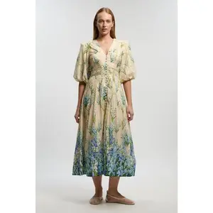Karen Millen Floral Puff Sleeve Midi Dress - Blue