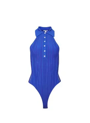 FLEUR DU MAL Ribbed Knit Halter Neck Bodysuit With Button Collar