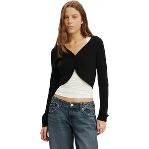 COTTON ON Cable Knit Cropped Cardigan - Black
