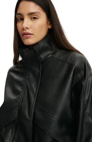 COTTON ON Theo Faux Leather Bomber Jacket - Black