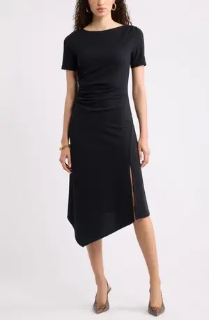 Nordstrom Asymmetric Knit Dress With Gathered Waist And Side Slit - Black