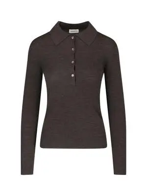 PAROSH Ribbed Knit Polo Sweater Top With Long Sleeves - Brown