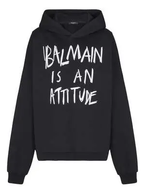 Balmain Cotton Front Print Hoodie - Black