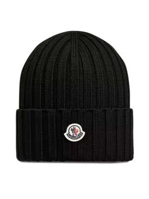 Moncler Gauge 5 Rib Knit Logo Patch Beanie - Nero
