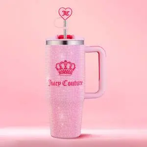 Juicy Couture Diamond Bling Stainless Steel Tumbler With Handle And Straw - Light Pink
