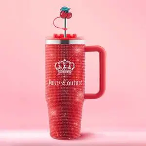 Juicy Couture Diamond Bling Stainless Steel Tumbler With Handle And Straw - Red