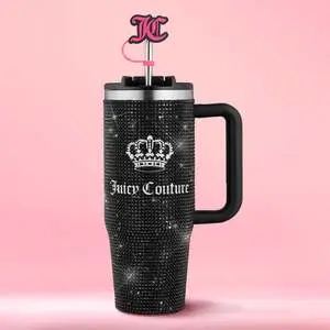 Juicy Couture Diamond Bling Stainless Steel Tumbler With Handle And Straw - Black