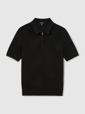 REISS Leigham Cotton-blend Chevron-knit Half-zip Polo Shirt - Black