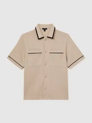 REISS Weaver Textured Piped Short-sleeve Shirt - Stone