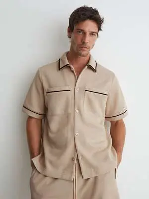 REISS Weaver Textured Piped Short-sleeve Shirt - Stone