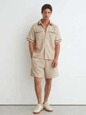 REISS Weaver Textured Piped Short-sleeve Shirt - Stone