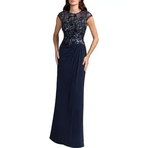 Mac Duggal Embroidered Cap Sleeve Jersey Gown - Midnight Multi
