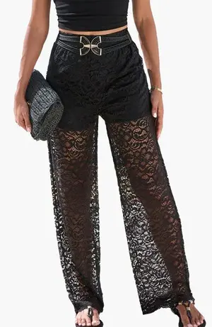 LASCANA Lace Overlay Pants - Black