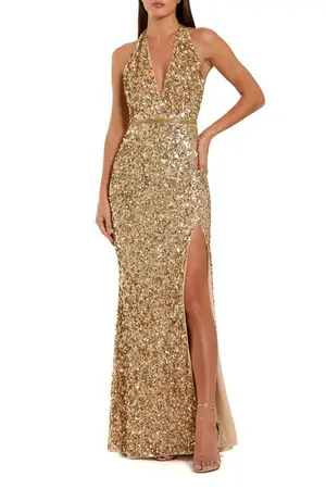 Mac Duggal Sequined Halter Strap Thigh High Slit Gown