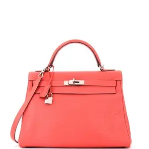 Hermès Kelly Handbag Clemence With Palladium Hardware 32 - Red