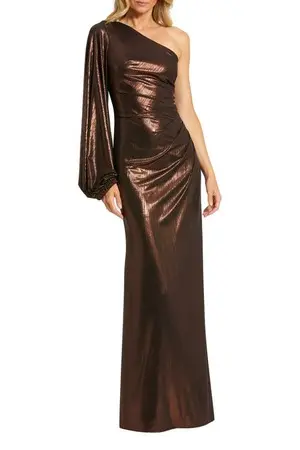 Mac Duggal One Shoulder Long Sleeve Metallic Gown