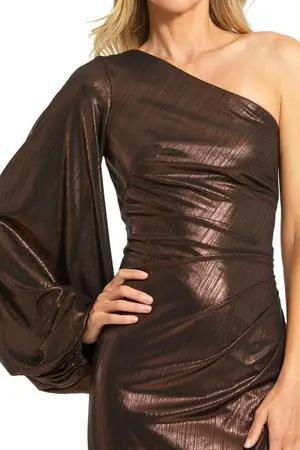 Mac Duggal One Shoulder Long Sleeve Metallic Gown