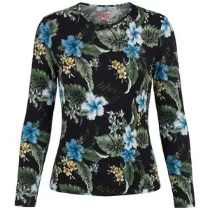 24/7 Ladies' Floral Print Long Sleeve Tee - Light Denim