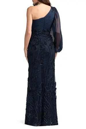 Mac Duggal One-shoulder Floral Embroidered Gown
