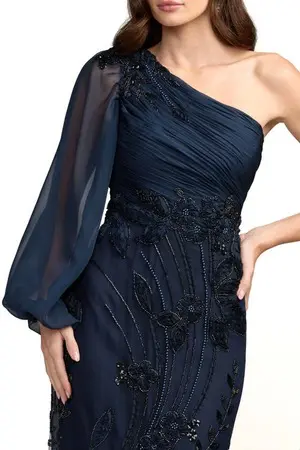 Mac Duggal One-shoulder Floral Embroidered Gown