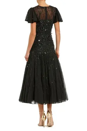 Mac Duggal Flutter Sleeve Sheer Top Beaded Dress