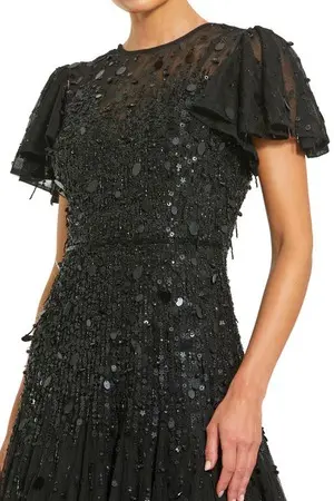 Mac Duggal Flutter Sleeve Sheer Top Beaded Dress