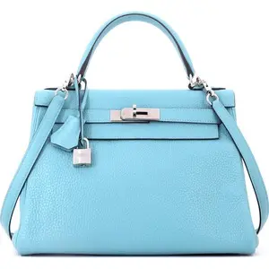Hermès Kelly Handbag Clemence With Palladium Hardware 28 - Blue