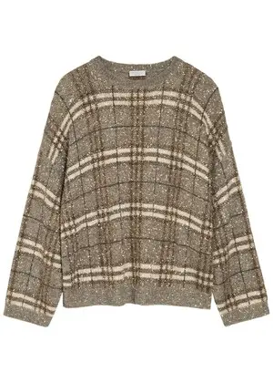 Brunello Cucinelli Checked Embellished Knit Jumper - Grey