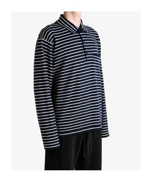THE ELDER STATESMAN Superlight Striped Long-sleeve Polo Shirt - Nero Navy/canvas