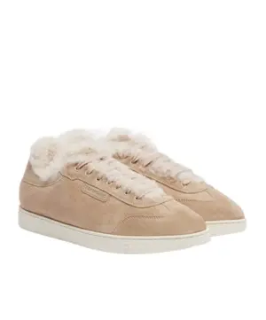 FERRAGAMO Shearling-lined Suede Sneakers - Nude