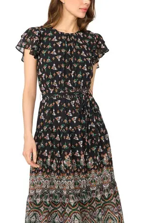 CECE DUPRAZ Floral Print Flutter Sleeve Midi Dress