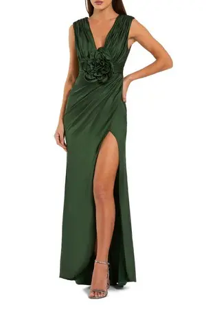 Mac Duggal Charmeuse Plunge Neck Gown With 3d Flower - Pear