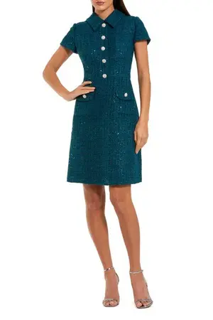 Mac Duggal Boucle Collared Button Up Mini Dress