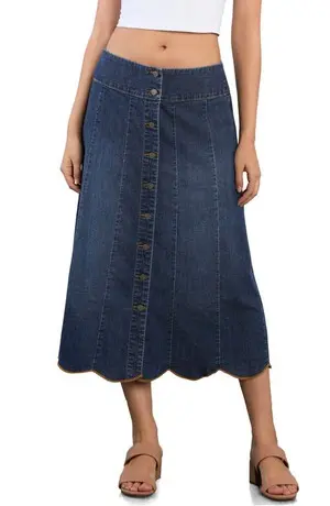 WASH LAB DENIM Scalloped Hem Denim Midi Skirt - Swift Blue