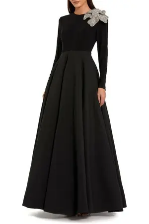 Mac Duggal Petite Long Sleeve Taffeta Ball Gown With 3d Flower Embellishment