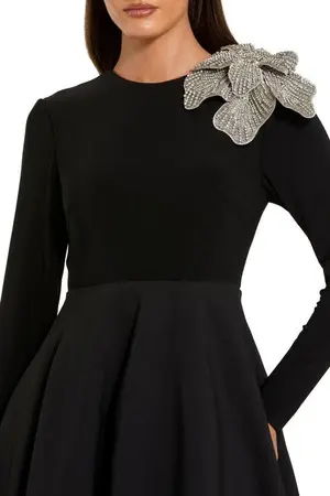 Mac Duggal Petite Long Sleeve Taffeta Ball Gown With 3d Flower Embellishment