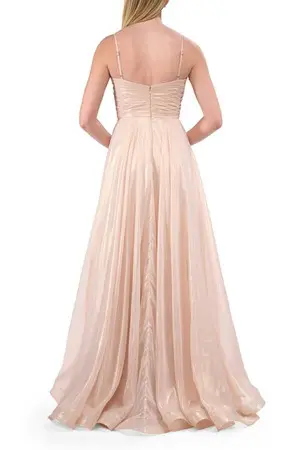 La Femme Metallic Chiffon Gown With Ruched Bodice And Slit
