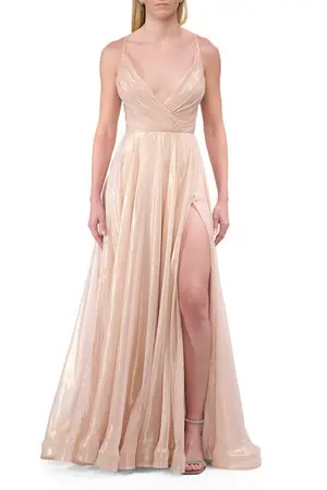 La Femme Metallic Chiffon Gown With Ruched Bodice And Slit