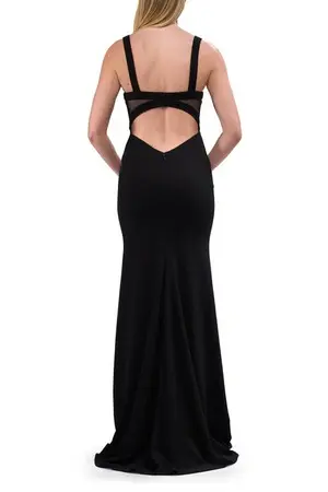 La Femme Evening Dress With Illusion Mesh Sides And Thigh-high Slit