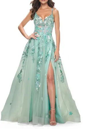 La Femme Sequin Floral Lace Applique A-line Tulle Dress - Sage