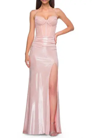 La Femme Metallic Prom Dress With Intricate Ruched Corset Top - Blush