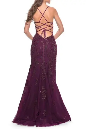 La Femme Long Tulle Gown With Beaded Lace Applique And Thigh-high Slit - Dark Berry