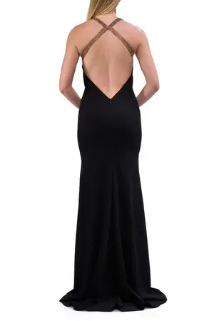 La Femme Evening Gown With Gold Beaded High Neckline And Thigh-high Slit