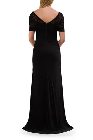 La Femme Ruched Evening Gown With Illusion Lace Neckline
