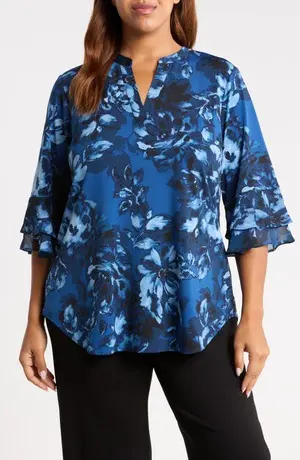 KASPER Floral Print Ruffle Sleeve Top - Blue Night Multi