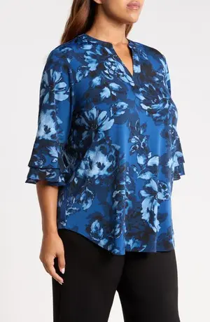 KASPER Floral Print Ruffle Sleeve Top - Blue Night Multi