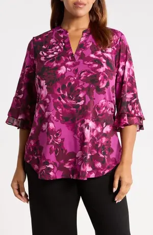 KASPER Floral Print Ruffle Sleeve Top - Cerise Multi